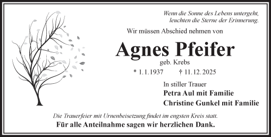 Traueranzeigen von Agnes Pfeifer | trauer.gnz.de